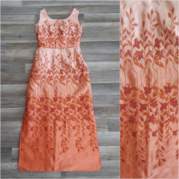 Vintage | Dresses | Vintage 6s Long Shift Dress Large Satin Embroidered ...